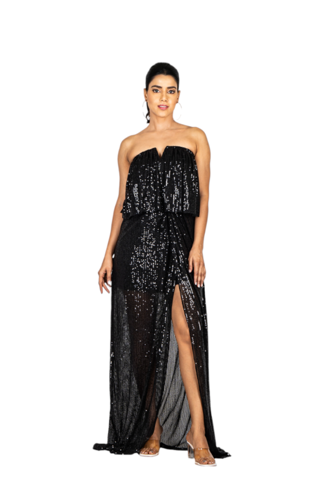 Tube V-neck Black Sequin Gown Dress - Kiran Gupta Label